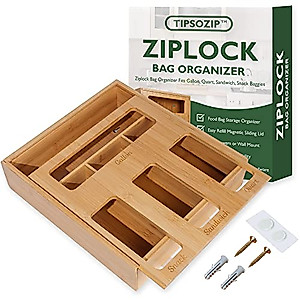 Ziplock Bag Storage Organizer for Kitchen Drawer - Bamboo Zip Lock Plastic Baggy Dispenser - Magnetic Sliding Lid for Easy Refill - Ziplock Bag Organizer Fits Gallon, Quart, Sandwich, Snack Baggies