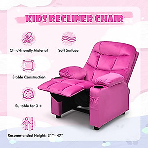 COSTWAY Larger Kids Recliner Chair, Adjustable Lounge Recliner w/ 2 Cup Holders, 1 Side Pocket, 2 Front Pockets, Footrest, Velvet Fabric Recliner for Boys & Girls, Ideal for Bedroom (Pink)