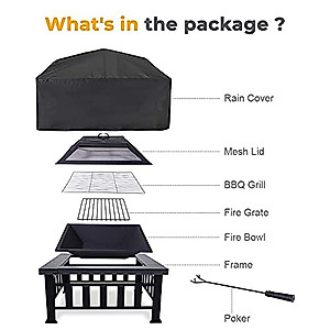 Yardom 34 inch Outdoor Fire Pits BBQ Square Firepit Table Backyard Patio Garden Stove Wood Burning Fireplace with Grill, Spark Screen Cover, Poker, Rain Cover