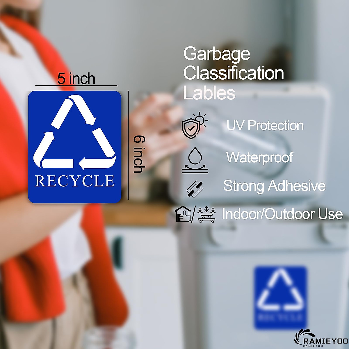 RAMIEYOO Design Recycle Sticker,5 Pack Recycle Sign Decals,Self-Adhesive Recycling Stickers,Recycle and Trash Vinyl for Trash Can 6 * 5 Inches (Recycle 6" /Blue)