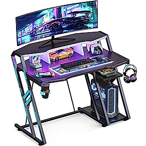 MOTPK Full-Sized Monitor Shelf Gaming Desk with LED Lights 39 Inch, Gaming Table with Storage Shelf, Ergonomic Gamer Desk with Carbon Fiber Texture, Computer Desk with Stable Frame, Black, Gift Idea