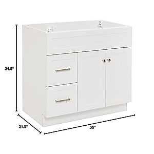 ARIEL 36" White Bathroom Vanity Base Cabinet, Right Offset Sink Configuration, 2 Soft-Closing Doors, 2 Full Extension Dovetail Drawers, 1 Enclosed Large Storage Shelf, Brushed Nickel