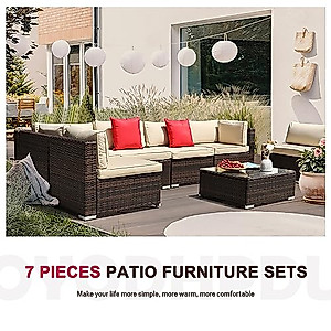 Patio Furniture Set - 7 Piece Wicker Furniture Sets - Patio Sectional Sofa All Weather Outdoor Sectional Patio Sofa - Brown PE Rattan Patio Conversation Set with Coffee Table and Beige Cushion