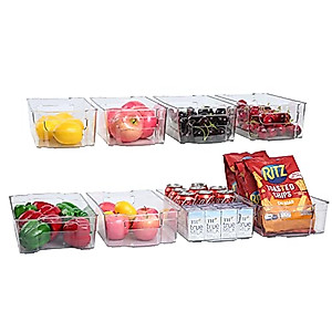 SIMPLYKLEEN Set of 8 Home Pantry Organizer Bins - 4 Large and 4 Medium - Stackable Plastic Clear Food Storage Bin with Handles for Freezer