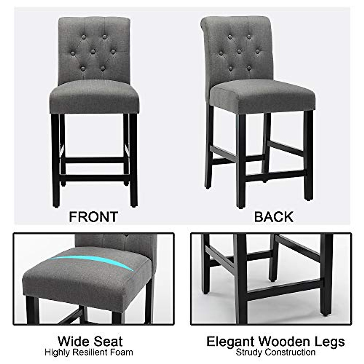 LSSBOUGHT Counter Stools,24 inches Upholstered Counter Height Chairs with Button-Tufted and Solid Wood Legs Set of 2（Gray）