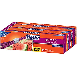 Hefty Slider Jumbo Storage Bags, 2.5 Gallon Size, 15 Count (Pack of 3), 45 Total