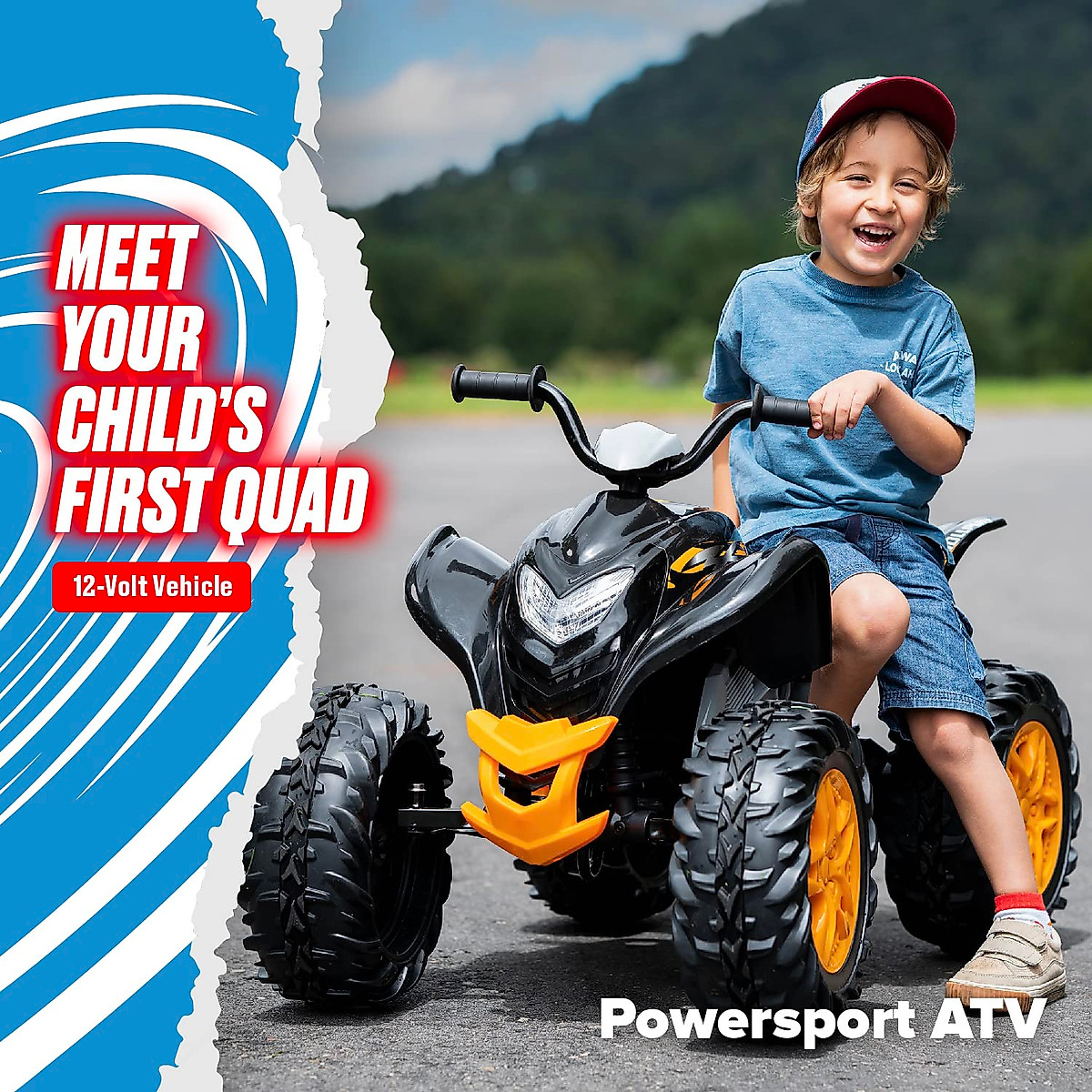 Rollplay Powersport ATV 12V Electric 4 Wheeler Featuring Oversized Wheels with Rubber Tire Strips for Added Traction, Working Headlights, and a Top Speed of 3 MPH, Black/Yellow