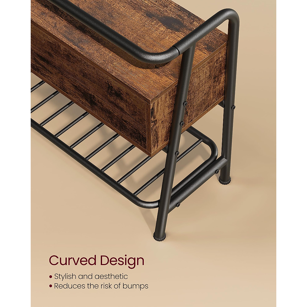 VASAGLE Shoe Storage Bench with Seating, Shoe Bench with Organizer Drawer, Industrial Style, Steel Frame, Holds Up to 600LB, for Entryway, Living Room, Bedroom, Rustic Brown and Ink Black, ULSB151K01