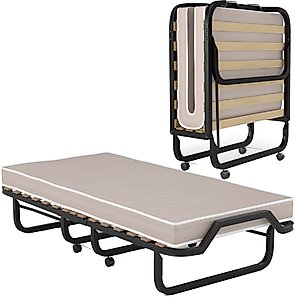 KOMFOTT Folding Bed with 4” Mattress, Foldable Rollaway Bed with Memory Foam Mattress for Adults, Portable Fold Up Guest Bed with Sturdy Steel Frame on Wheels, Made in Italy