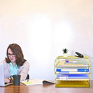 Spacrea Letter Tray, 4 Tier Desk Organizers and Accessories, Stackable Paper Tray Organizer Desk File Organizer with 1 Upper Display Shelf for School Home Office Supplies (Gold)
