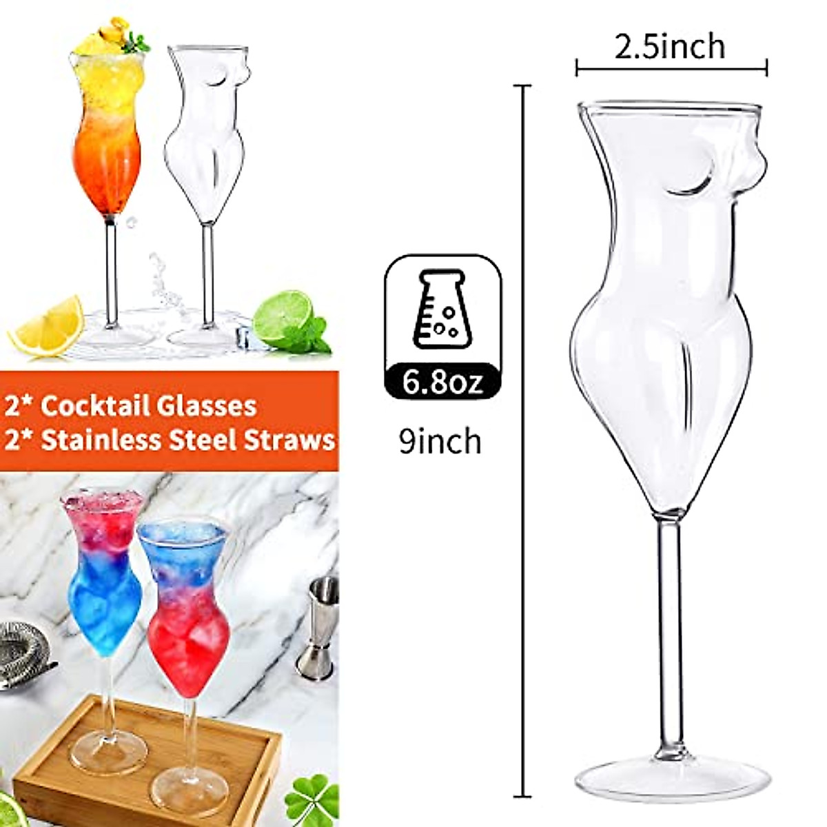 SuproBarware Cocktail Glasses 6.8oz 200ml Set of 2 Lead-Free Martini Glasses Whiskey Glasses Creative Beauty Shape Glasses for Cocktail CGMN-2 (Set of 2)