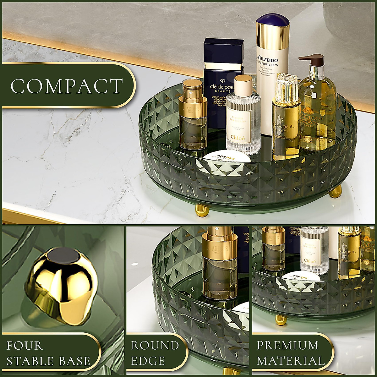 Lazy Susan Turntable Organizer for Cabinet, 360 Rotating Makeup Perfume Organizer for Vanity, Turntable Tray for Bathroom, Kitchen Sink Countertop Organizer for Spice (11-Dark Green)