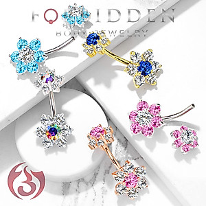Forbidden Body Jewelry Surgical Steel Belly Ring with CZ Flower Design & Internally Threaded Matching Top, Clr/Aurora Borealis