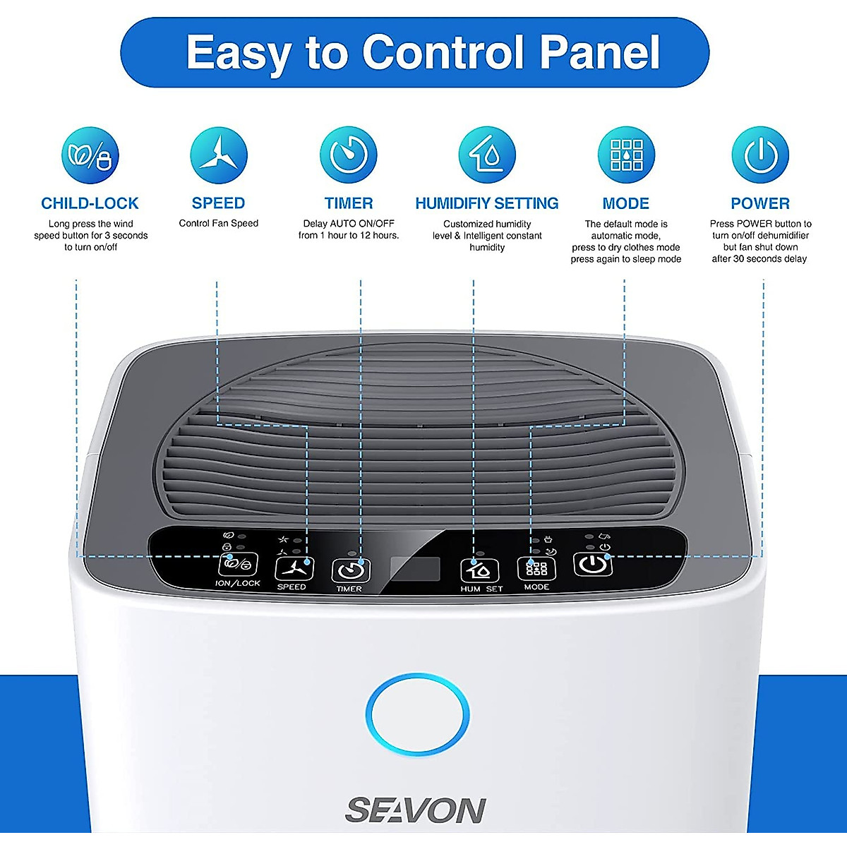 SEAVON 2,000 Sq. Ft Dehumidifiers with Pump for Home and Basements, with 2L Water Tank, Ideal for Bedroom, Bathroom, Intelligent Humidity Control, Continuous Drainage for Living Room/Closet