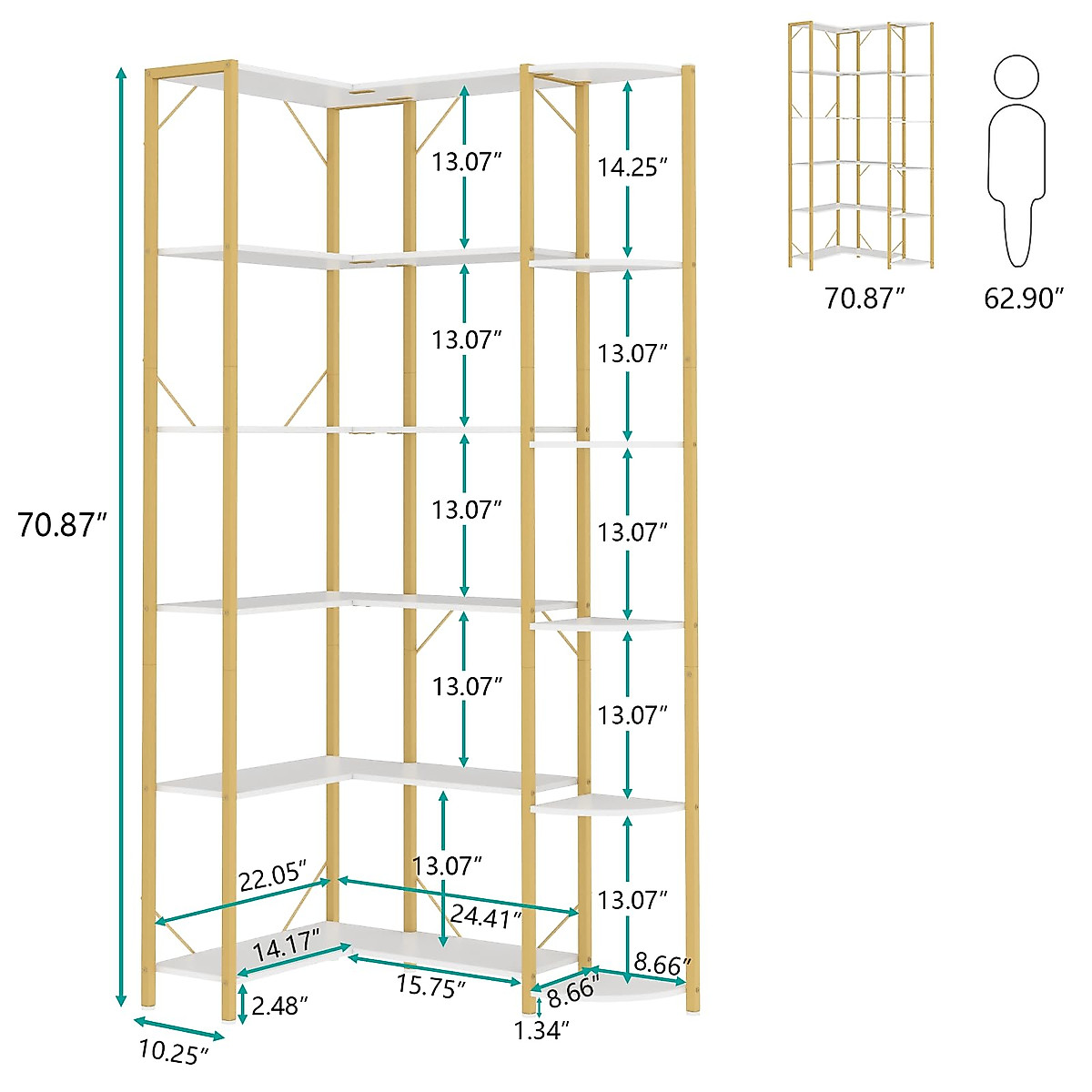 Loomie Gold Corner Shelf, 6-Tier 70.87" H Corner Bookcase, Tall Modern Corner Bookshelf Storage Display Rack, Open Book Case for Home Office & Living Room, Gold Finish Metal Frame & White Shelving