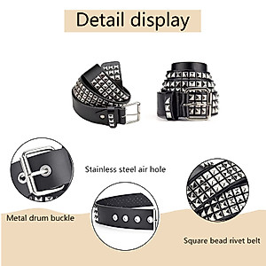 Studded Belt, 3 Row Metal Pyramid Silver Square Beads Punk Leather Belt, Gothic Punk Pants Jeans Belt for Women Men (Black) 110 x 3.8 cm