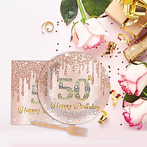 96 Pieces 50th Birthday Tableware Set for Pink Rose Gold 50th Birthday Table Decorations Supplies Pink Rose Gold Happy 50 Birthday Dessert Plates Napkins Forks for 24 Guests Women Birthday Supplies