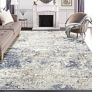 Area Rug Living Room Rugs - 5x7 Abstract Large Soft Indoor Washable Rug Neutral Modern Low Pile Carpet for Bedroom Dining Room Farmhouse Home Office - Beige Blue