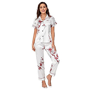 WDIRARA Women's 2 Piece Satin Pajamas Floral Silk Short Sleeve Button Down Shirt and Pants Pajama Pj Set White S