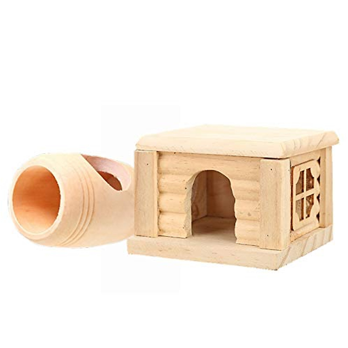 Wooden Hamster Chew House Tunnel Hut Hideout Molar Toy for Small Animal Dwarf Rat Mouse Gerbil Chinchilla Guinea Pig (House & Tunnel 2 Pack)