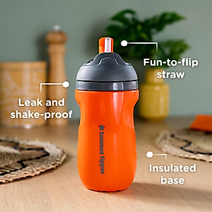 Tommee Tippee Insulated Non-Spill Straw Cup, 12m+ Toddler Training Drinking Bottle, 100% Leak Proof, Sporty Carry Handle, BPA Free, 9oz, Orange