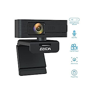 EACH AutoFocus Full HD Webcam 1080P with Privacy Shutter - Pro Web Camera with Dual Digital Microphone - USB Computer Camera for PC Laptop Desktop Mac Video Calling, Conferencing Skype YouTube