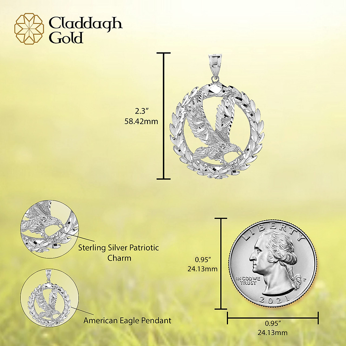 Animal Kingdom .925 Sterling Silver 2-1/3" Patriotic USA American Eagle with Olive Wreath Peace Round Pendant Only