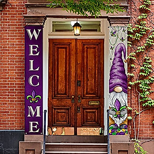 Mardi Gras Porch Banners Welcome Masquerade Gnome Door Banner with Gnome Fleur De Lis Pattern New Orleans Carnival Hanging Banners Festive Home Decorations for Indoor Outdoor Supplies (Carnival Theme)