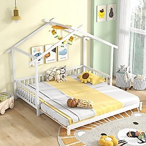 Giantex Wood House Bed for Kids, Twin to King Extendable Daybed with Roof & Fence Rails, Kids Bed for Teens, Boys & Girls, Twin Floor Day Bed, No Box Spring Needed, White