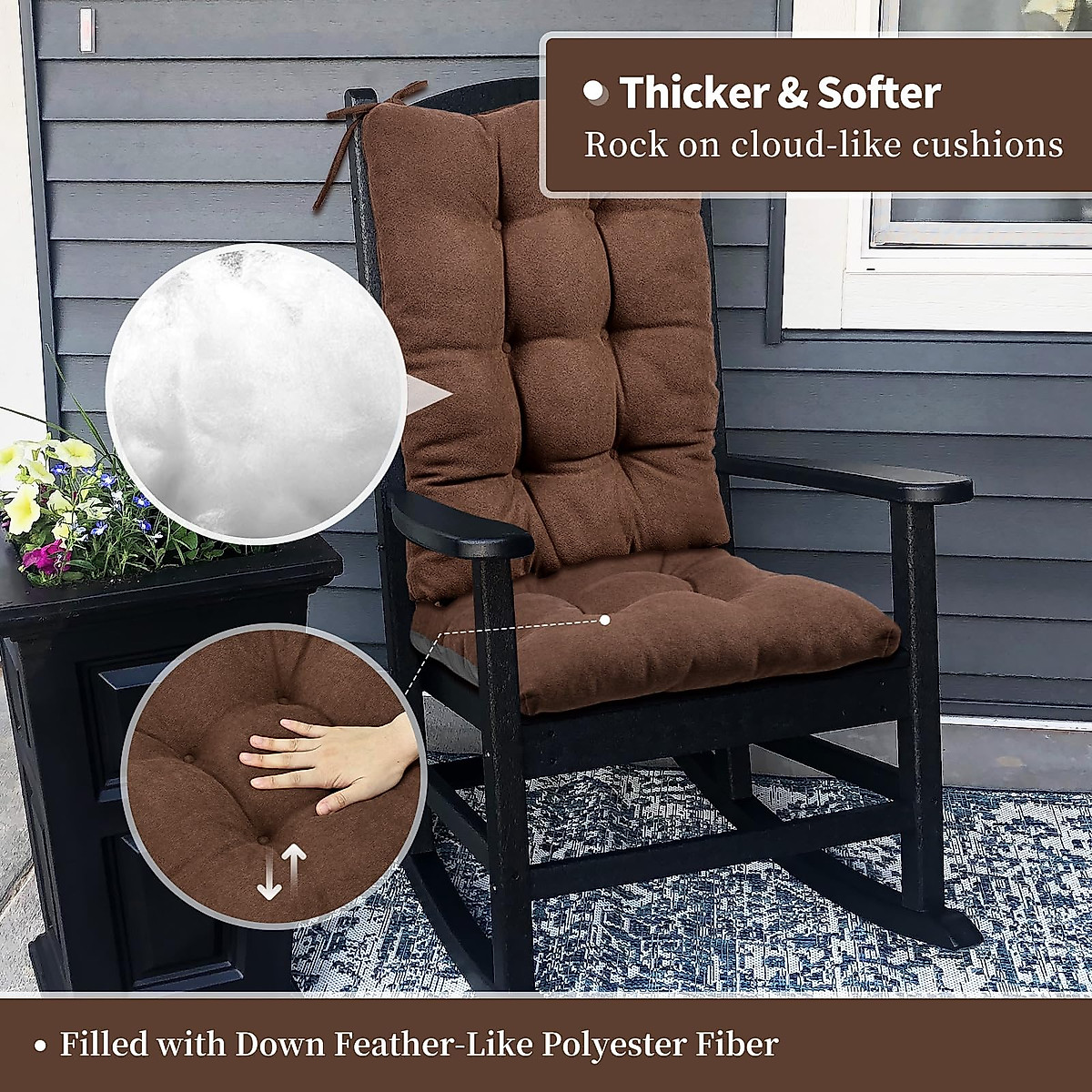 HAVARGO Rocking Chair Cushion Indoor High Back Wooden Rocker Adirondack Chair Cushions, Tufted Patio 1Pc Chair Pad Cushion and 1 Pc Back Cushion Brown