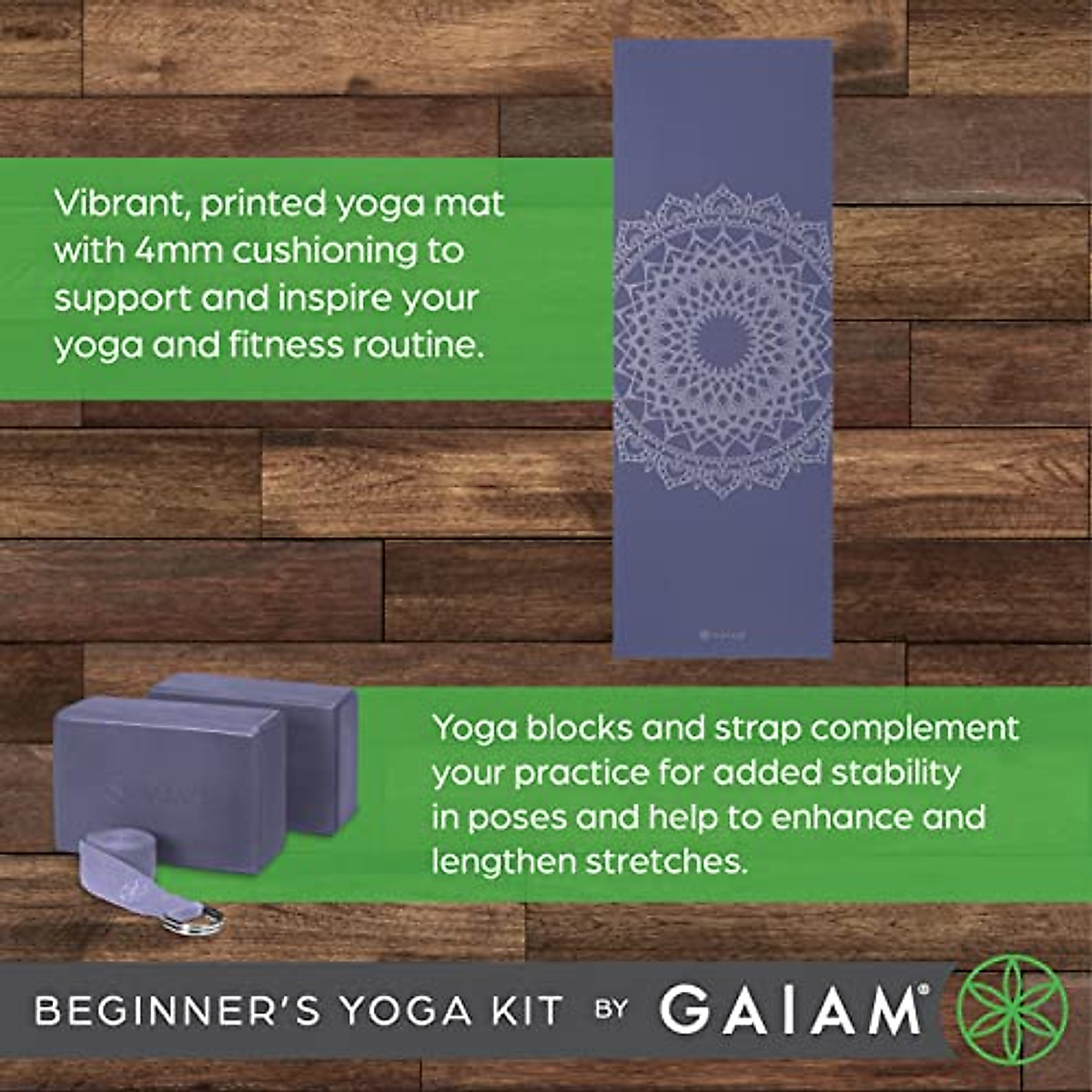 Gaiam Beginner's Yoga Starter Kit Set (Yoga Mat, Yoga Blocks, Yoga Strap) - Light 4mm Thick Printed Non-Slip Exercise Mat for Everyday Yoga - Includes 6ft Yoga Strap & 2 Yoga Bricks - Purple Marrakesh