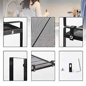 Ymeibe 2 Pack Cabinet Shelf Mesh Storage Organizer Stackable Countertop Racks for Kitchen Pantry Cupboard Under Sink Office Table Coated Heavy Duty Metal Frame Nonslip L16 W8.3 H9.5 (Black)
