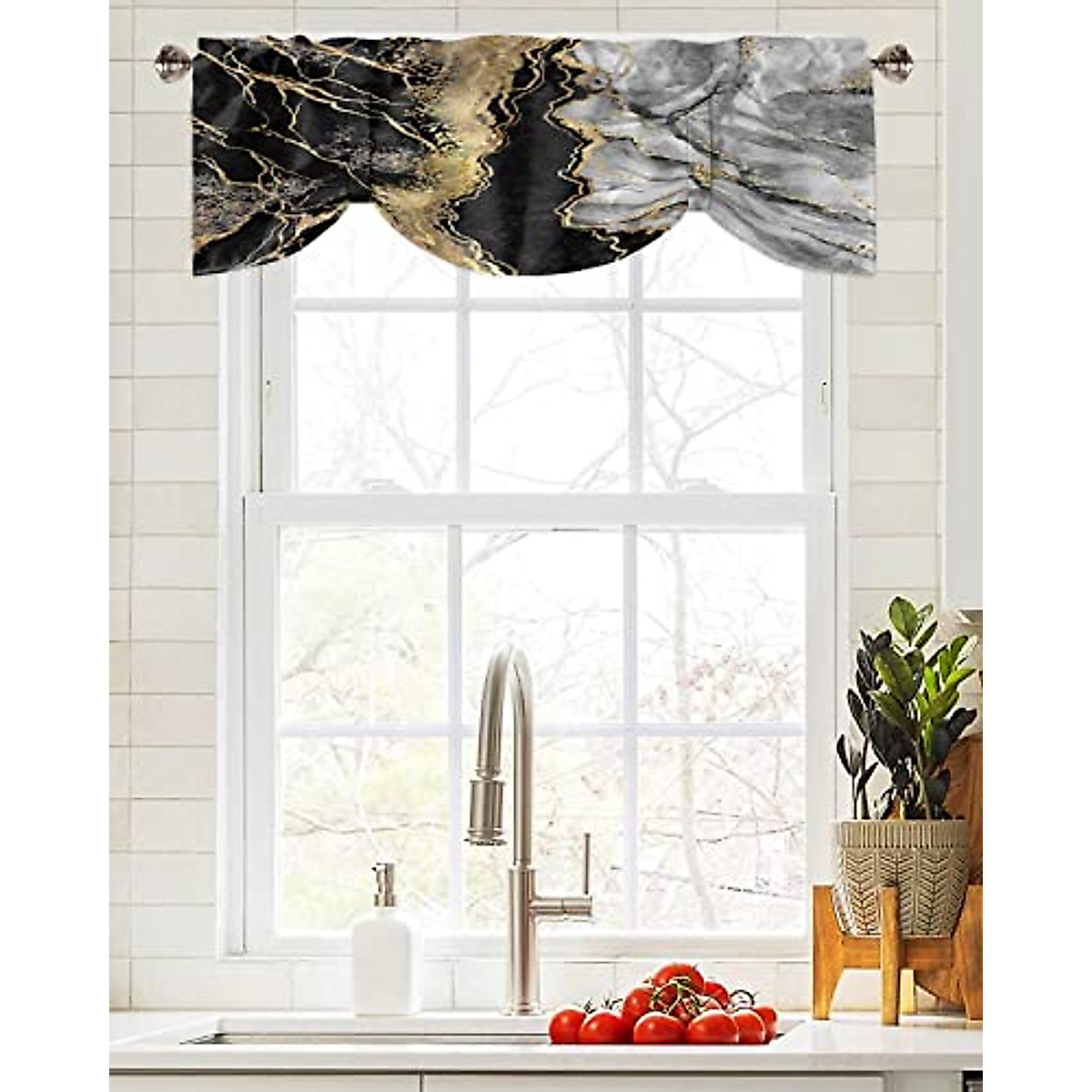 SIGOUYI Kitchen Curtains, Black White Gold Marble Valances for Windows, Short Curtains Rod Pocket Bathroom Curtains Window, Kitchen Window Curtains Over Sink, 60x18in Valances for Kitchen