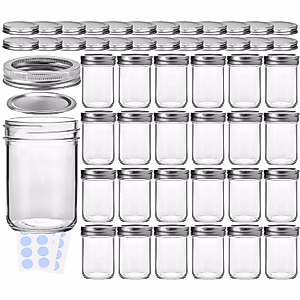 KAMOTA Mason Jars, 8 oz Glass Jars With Regular Lids and Bands, Ideal for Jam, Honey, Wedding Favors, Shower Favors, DIY Spice Jars, 24 PACK, Extra 24 Lids & 30 Whiteboard Labels