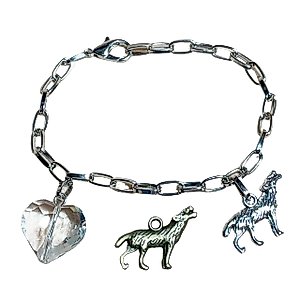 Bella Bracelet - Twilight Themed Graduation Gift Made of Silver Chain with Clear Heart Crystal Bead and Wolf Charm (silver wolf)