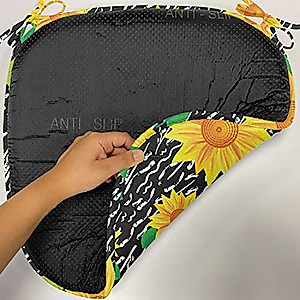 Lunarable Floral Chair Seating Cushion Set of 4, View of Sunflowers on a Background of Monochrome Stripes, Anti-Slip Seat Padding for Kitchen & Patio, 16"x16", Charcoal Grey Yellow