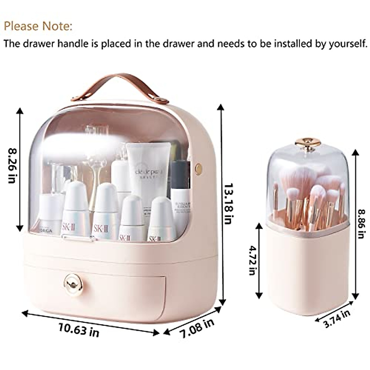 MIUOPUR Large Makeup Organizer with Brush Holder, Cosmetic Display Case with Drawer, Waterproof and Dustproof Transparent Cover, Portable Handle, Suitable for Bathroom and Bedroom -Pink