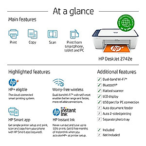 HP DeskJet 27 42e Series Wireless Inkjet Color All-in-One Printer - Print Copy Scan - USB Connectivity - Mobile Printing - Up to 7 ISO PPM - Up to 4800 x 1200 DPI - Blue + HDMI Cable