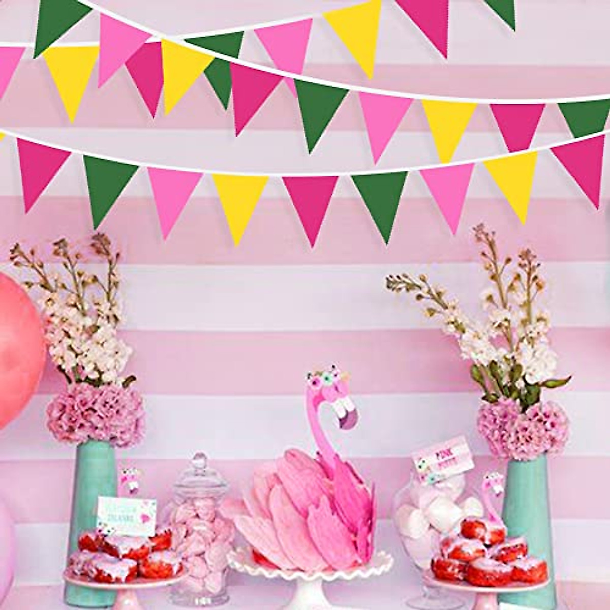 32Ft Hot Pink Green Yellow Pennant Banner Fabric Triangle Flag Bunting Garland for Flamingo Aloha Tropical Luna Hawaiian Jungle Summer Wedding Birthday Party Outdoor Garden Hanging Decoration