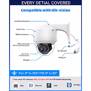 VIKYLIN 8MP Outdoor PTZ PoE IP Camera with Audio,4K Security Speed Dome Pan Tilt 4X Optical Zoom/2.8~12mm Lens,Human/Vehicle Detection,132ft IR Night Vision,IP66 (2804PTZ)