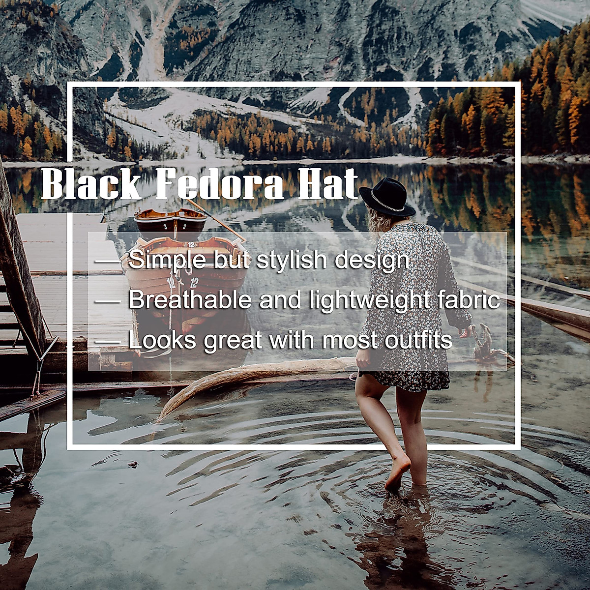 Gossifan Women Men Wide Brim Fedoran Hat with Chain Belt Buckle - Dark Night