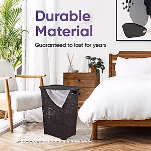 Superio Laundry Hamper with Lid Lace Design 50 Liter - Brown Laundry Hamper Basket with Cutout Handles, Rectangular Shape Modern Style Bin -Dirty Cloths Storage