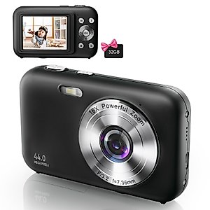 Digital Camera, FHD 1080P Kids Camera with 32GB SD Card 44MP Point and Shoot Camera with 16X Digital Zoom, Compact Portable Small Digital Camera for Teens Students Kids Girls Boys Beginner-Black