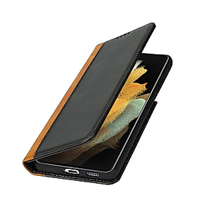 JWS-C Samsung Galaxy S21 Ultra Wallet Case with Card Holder Slots Luxury Flip Leather Cover for Samsung Galaxy S21 Ultra 6.8 inch-Black Yellow Samsung S21 UItra5G Samsung s21 Ultra