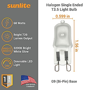 Sunlite Q60/FR/G9/120V/12PK Halogen 60W 120V Q60 Single Ended Capsule Light Bulbs, Frosted Finish, 3200K Bright White, Bi-Pin (G9) Base, 12 Pack