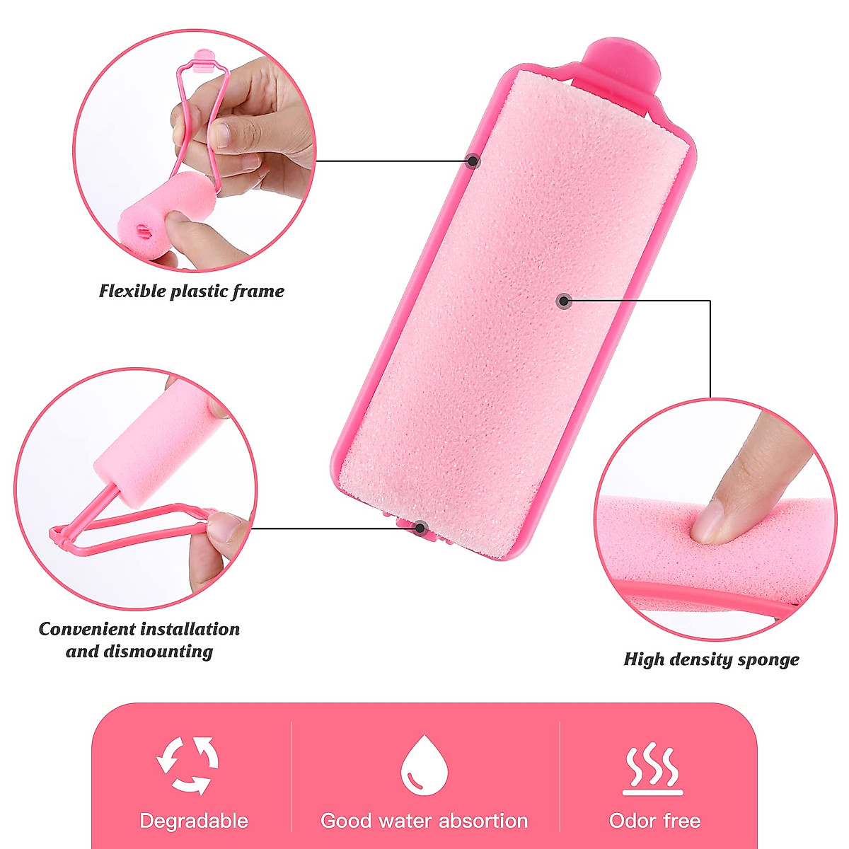Sponge Foam Hair Rollers for Sleeping - Flexible Curlers with Tail Comb and Hairclips for Hairdressing (60 Pieces, Pink)
