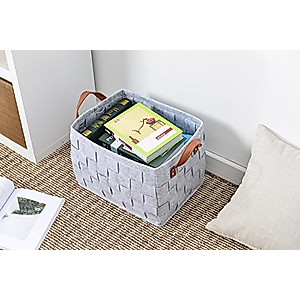 Collapsible Storage Basket Bins, Foldable Handmade Rectangular Felt Fabric Storage Box Cubes Containers with Handles- Large Organizer For Nursery Toys,Kids Room,Towels,Clothes, Grey （16"x11.8"x11.5"）