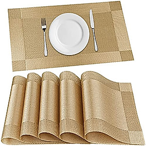 FGSAEOR Placemats Place Mats for Kitchen Dining Table, Heat-Resistant Anti-Skid Stain Washable PVC Table Mats, Easy to Cleaning Woven Vinyl Dinner Mats (Gold, 6 Pack)