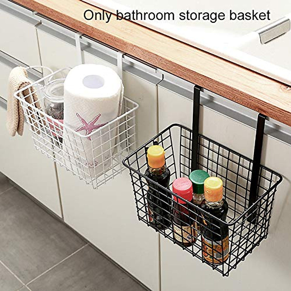 Bathroom Hair Dryer Holder, Kitchen Wall Mount Towel Rack Storage Basket Over The Cabinet Door Organizer Holder, Hanging Care Sundries Organization(White)