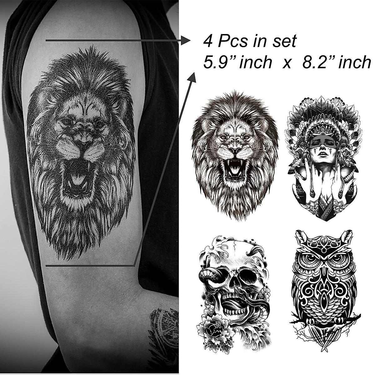 LAFORTIS 26 Sheets Realistic Waterproof Multiple Sizes Long Lasting Fake Tattoos Temporary Tattoo for Men Teens Boys on Arm Body Finger